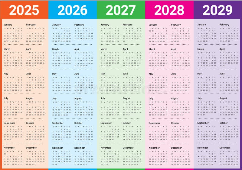 2025-2029 Year Calendar stock vector. Illustration of year - 343883015