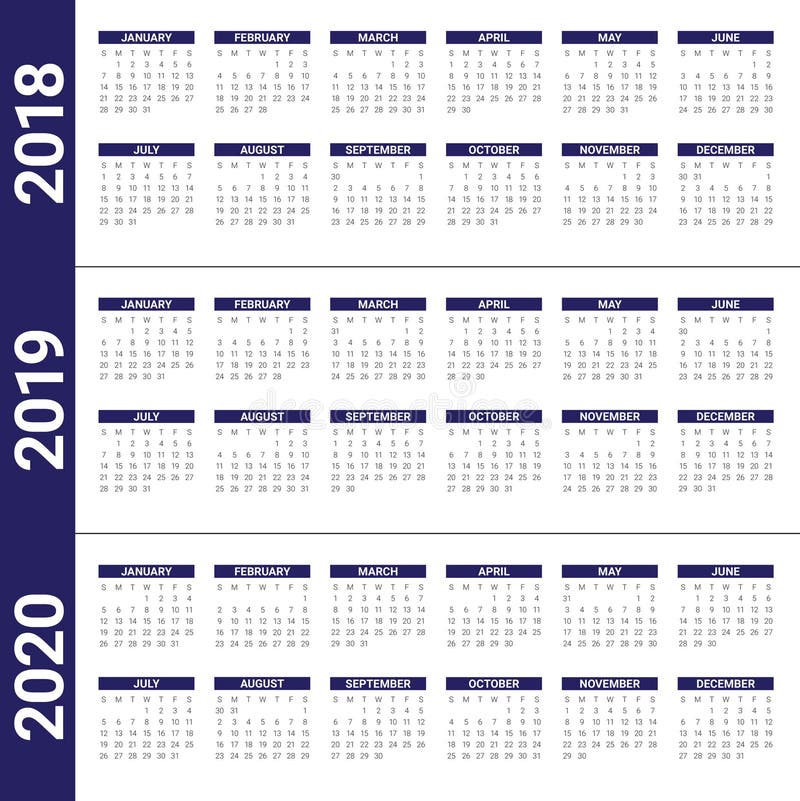 Year 2018 2019 2020 Calendar Vector Stock Vector - Illustration of ...