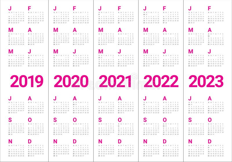 Year 2019 2020 2021 2022 2023 Calendar Vector Design Template Stock ...