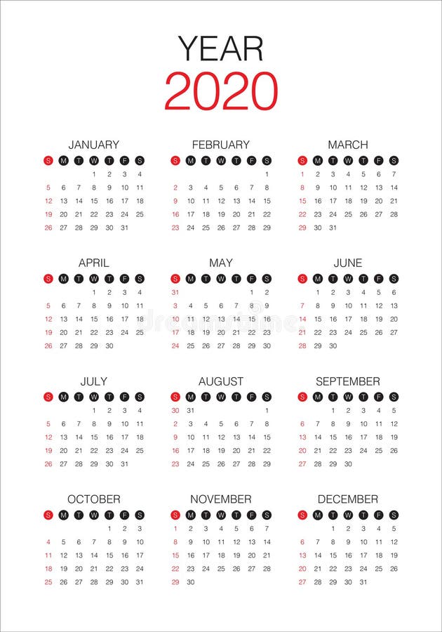 Year 2020 Calendar Vector Design Template Stock Vector - Illustration ...