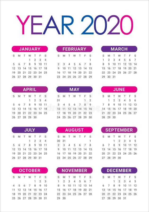 Year 2020 Calendar Vector Design Template Stock Vector - Illustration ...