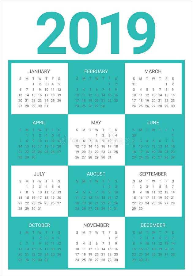 Year 2019 Calendar Vector Design Template Stock Vector - Illustration ...