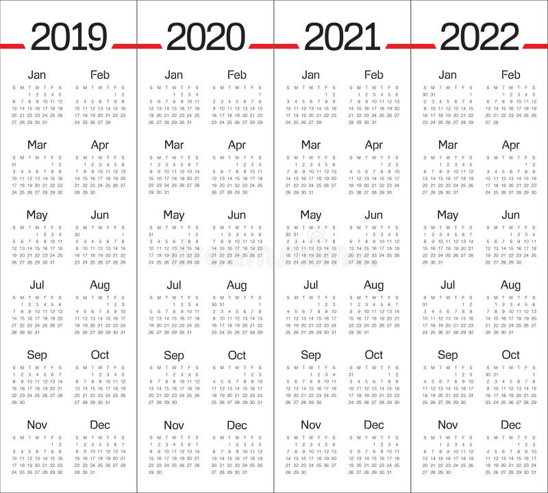 Year 2019 2020 2021 2022 Calendar Vector Design Template Stock Vector ...