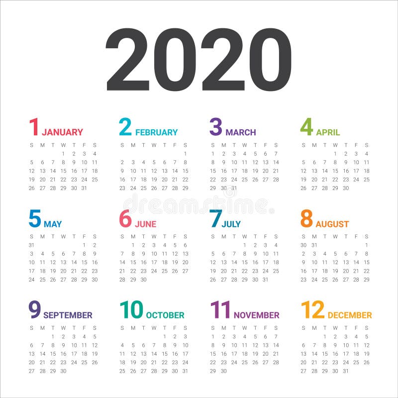 Year 2020 Calendar Vector Design Template Stock Vector - Illustration ...