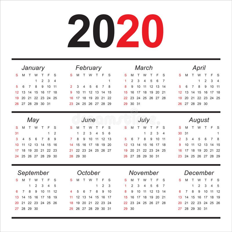 Year 2020 Calendar Vector Design Template Stock Vector - Illustration ...