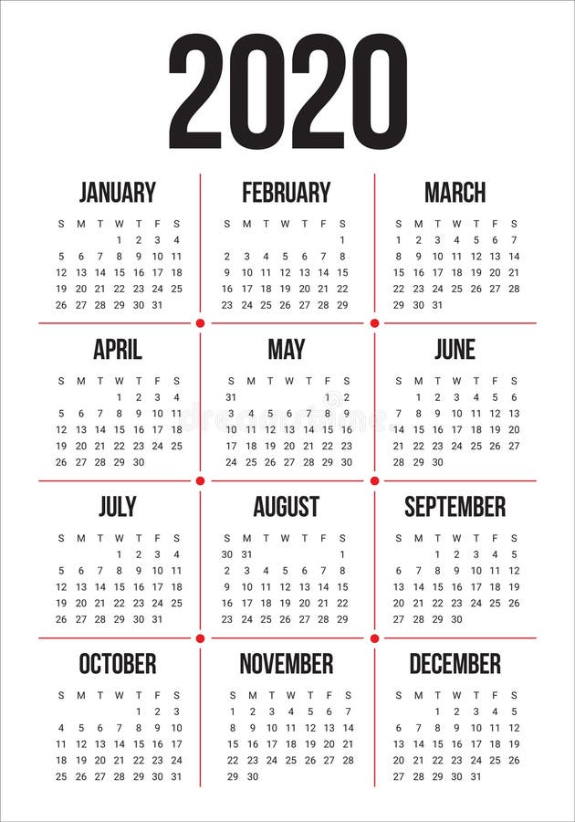 Year 2020 Calendar Vector Design Template Stock Vector - Illustration ...