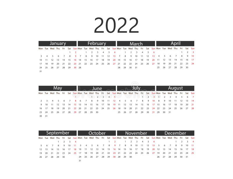 2022 Year, Calendar. Vector Illustration. Weeks Start on Monday Stock ...