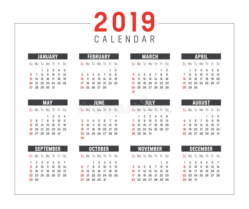 Year 2019 Calendar Vector Template Stock Vector - Illustration of ...