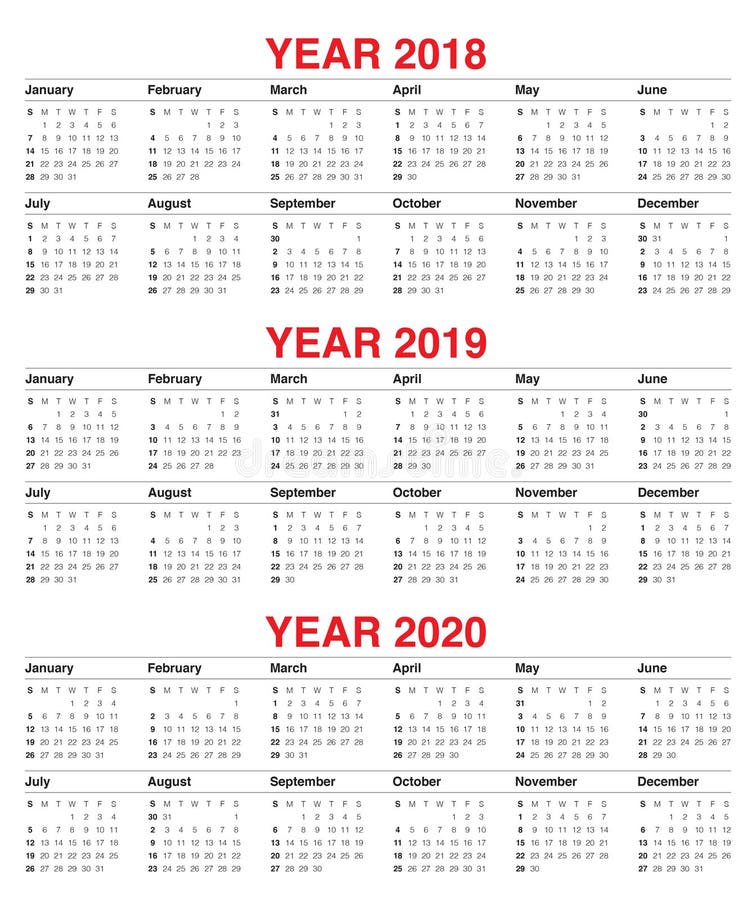 Year 2018 2019 2020 Calendar Vector Stock Vector - Illustration of ...