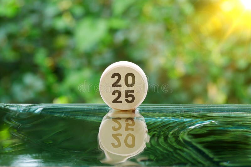 The Year 2025 is Carved on a Log on the Water with Reflections Stock ...