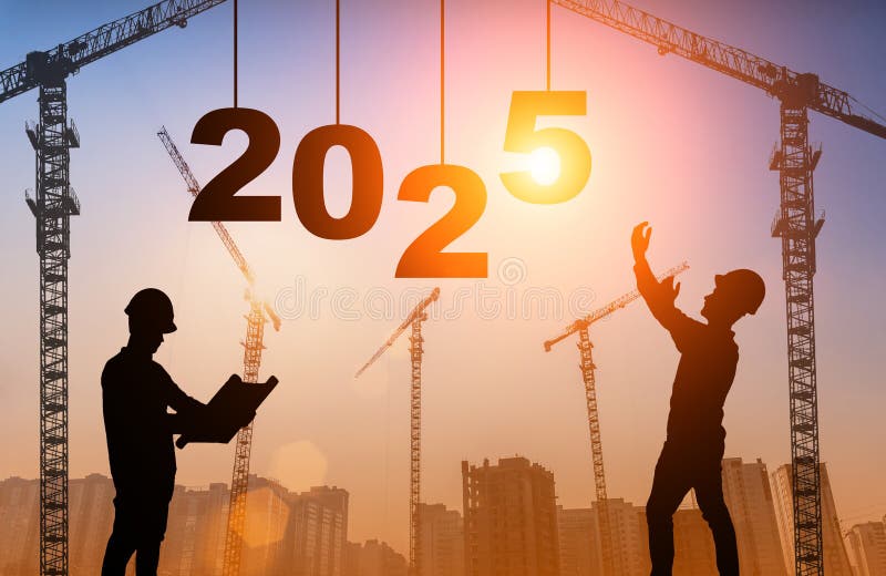 2025 Year Concept. Construction Worker and Crane on the Backdrop of ...