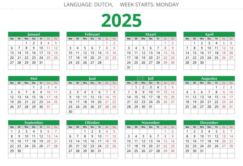 2025 Year Dutch Calendar, Vector Illustration Dutch, 12 Months Kalender ...