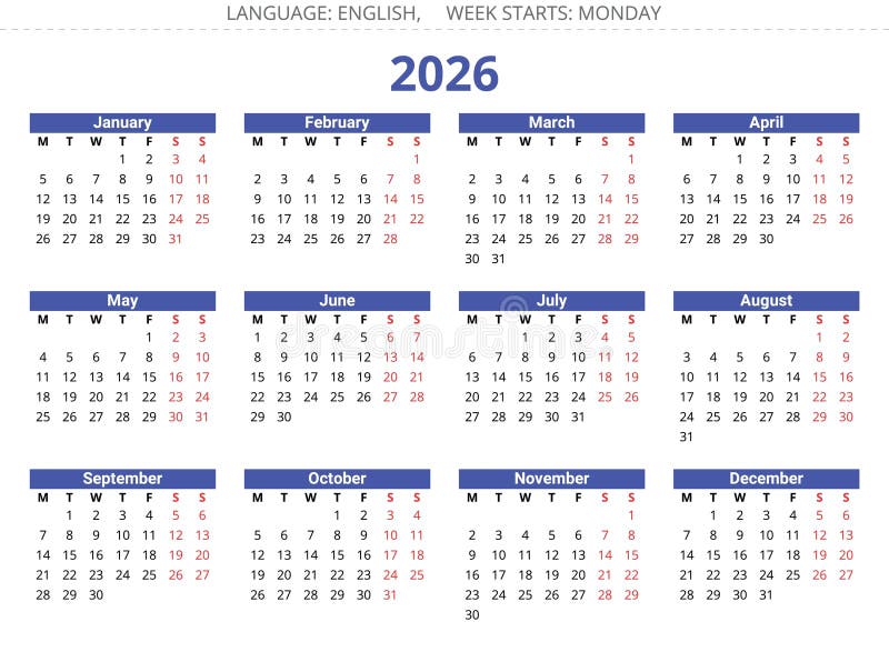 2026 Year English Calendars. Vector Illustration. Week Starts Monday ...