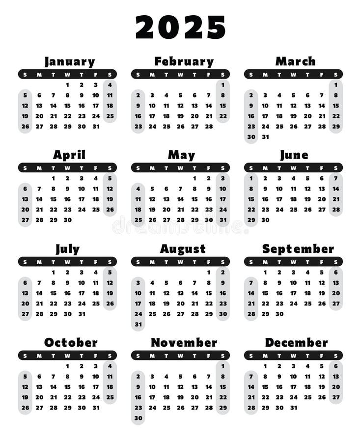 2025 Year English Vector Calendar with 12 Months Black Colors Stock ...