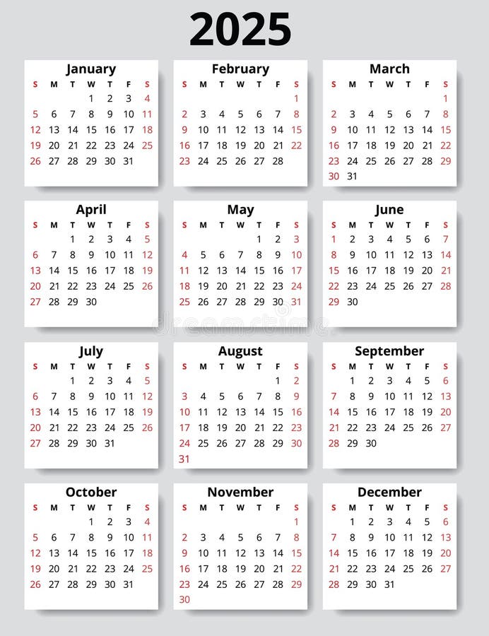 2025 Year English Vector Calendar with 12 Months Stock Vector ...