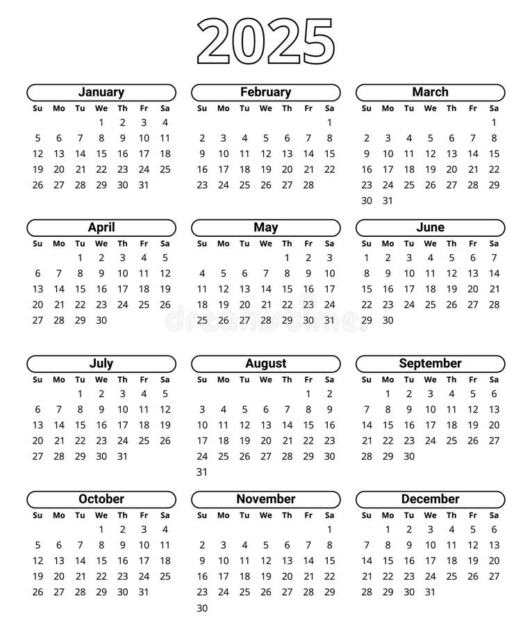 2025 Year English Vector Calendar 12 Months in Contours Stock Vector ...