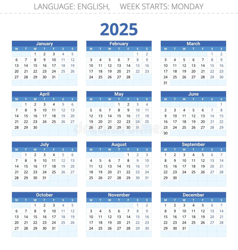 2025 Year English Vector Calendar 12 Months. Week Starts Monday Stock ...