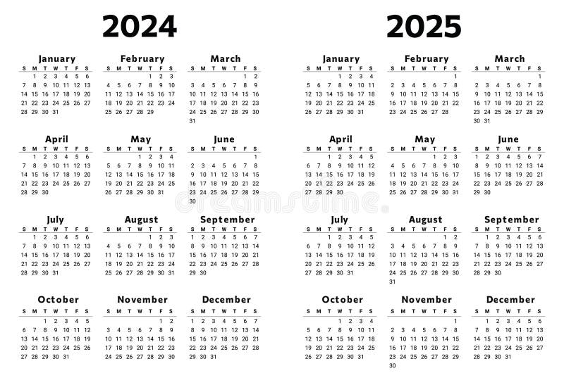 2024 and 2025 Year English Vector Calendars with 12 Months, Black ...