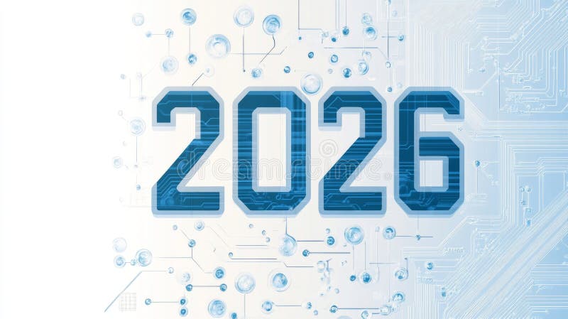 Year 2026 in Futuristic Blue Digital Font on Circuit Pattern ...