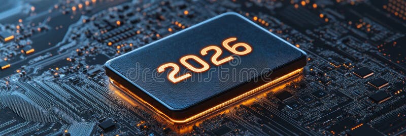 2026 Year on Futuristic CPU Microchip. Glowing Digital Processor ...