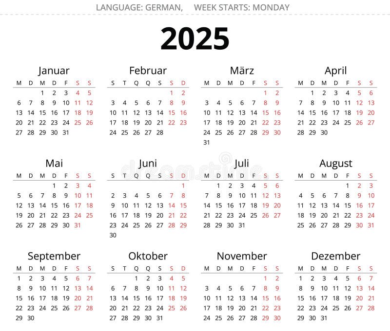 2025 Year German Calendar. Printable Vector Illustration for Germany ...