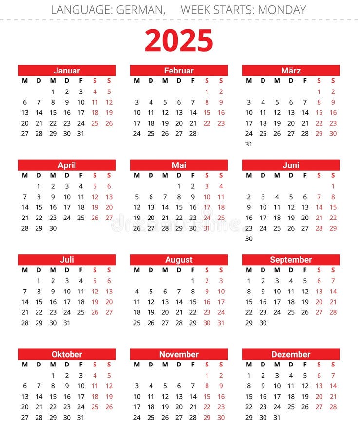 2025 Year German Calendar. Printable Vector Illustration for Germany in ...