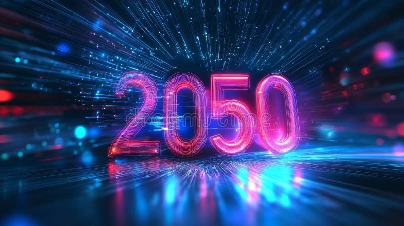 Year 2050 in Glowing Neon Light on a Futuristic Digital Data Stream ...