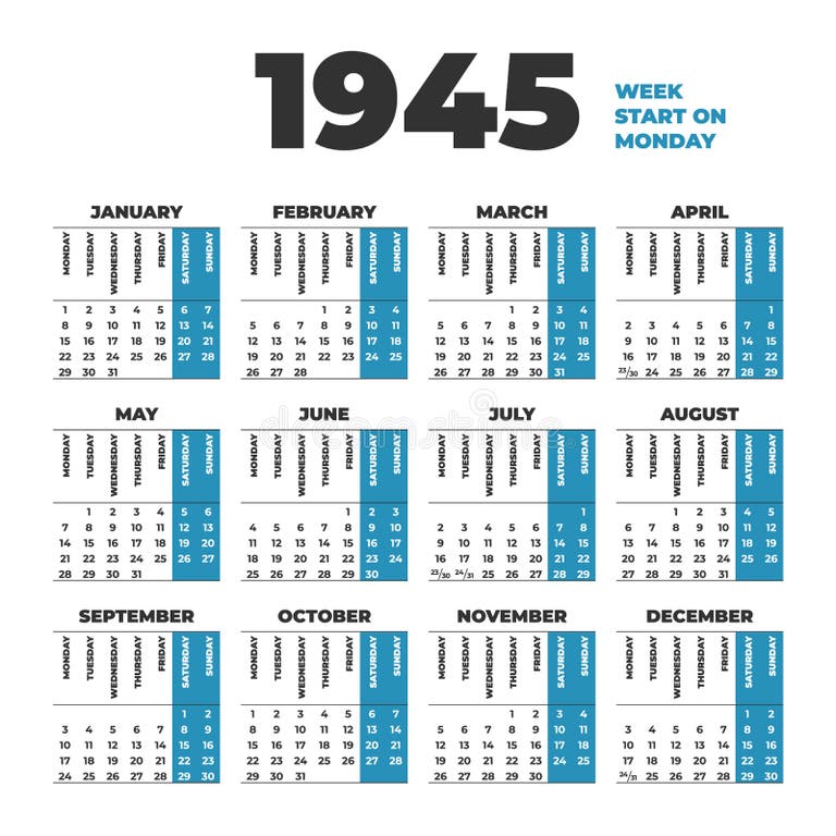 1945 Year Historic Calendar. Weeks Start on Monday Stock Vector ...