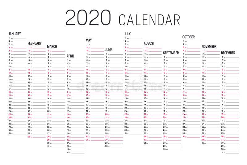 Year 2020 Horizontal Unaligned Calendar Stock Vector - Illustration of ...