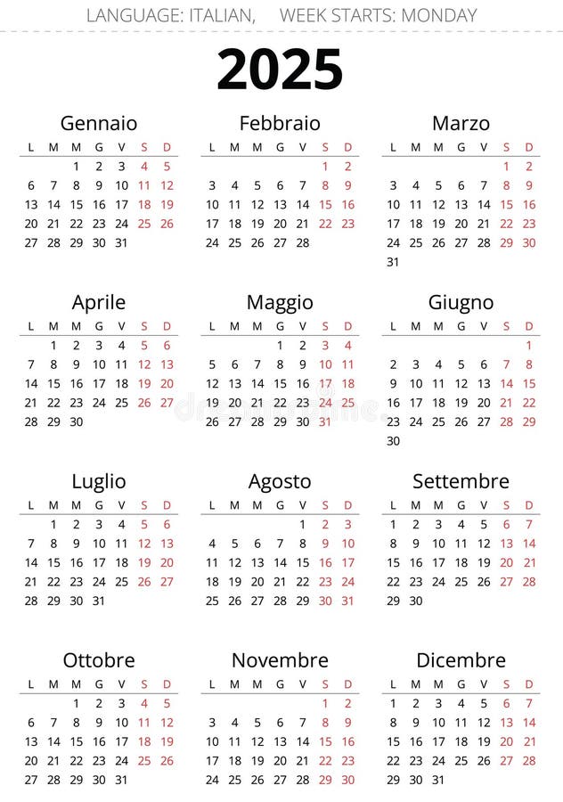 2025 Year Italian Calendar. Printable Vector Illustration Italy Stock ...