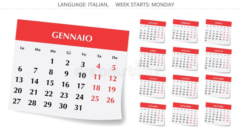 2025 Year Italian Calendars. 12 Months. Vector Illustration with Paper ...