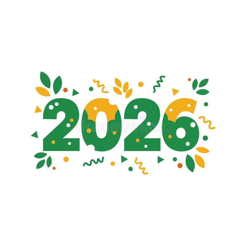 2026 Year Number Design with Green and Orange Decorative Leaves and ...