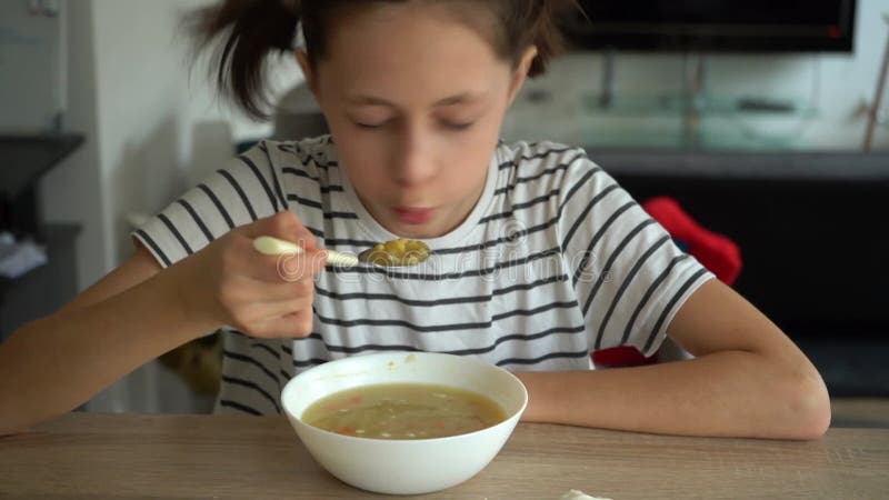 11 Year Old Girl is Eating Soup Stock Footage - Video of table, soup ...