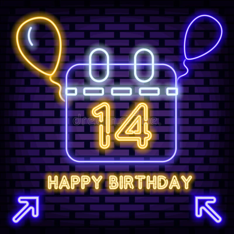 14 Year Old Happy Birthday 14th Badge in Neon Style. Neon Script. Light ...
