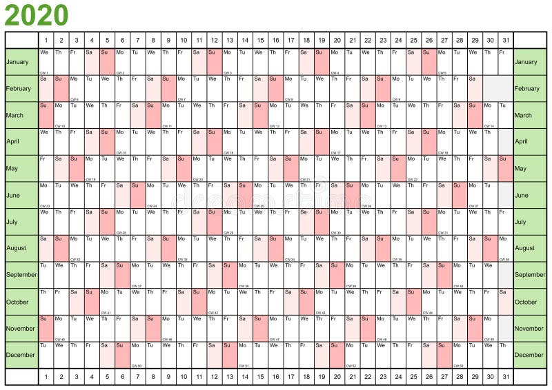 Linear Calendar 2020. Vector Illustration. Template Diary Planner Stock ...