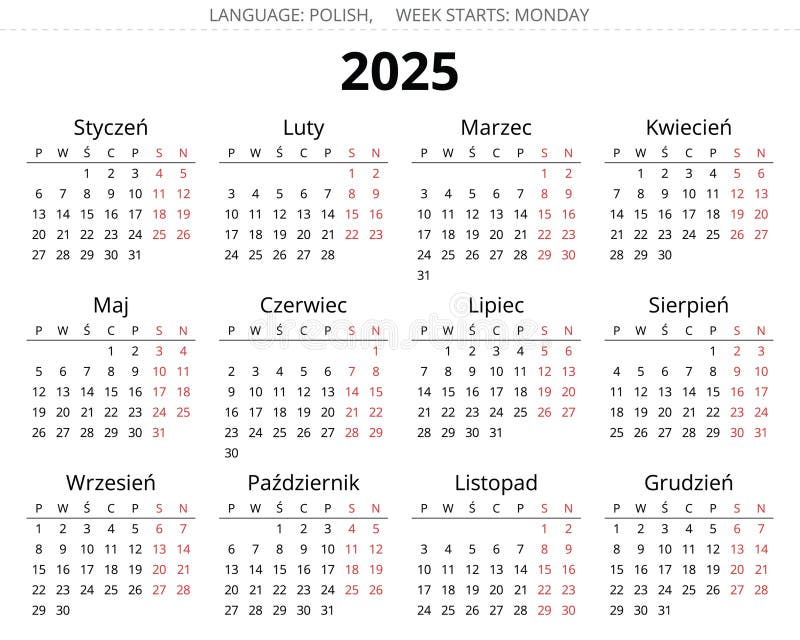 2025 Year Polish Calendar. Printable Vector Illustration for Poland ...