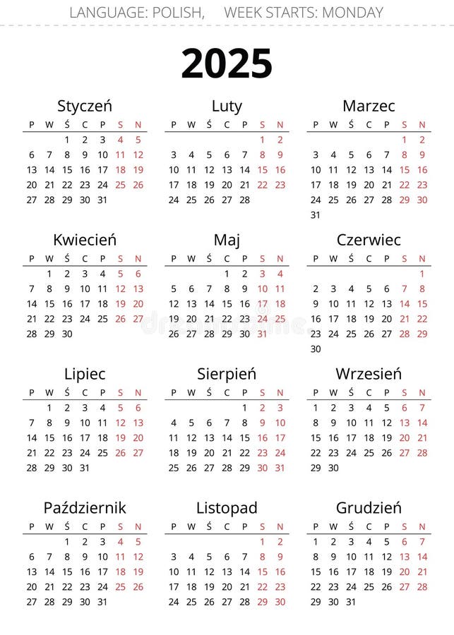 2025 Year Polish Calendar. Printable Vector Illustration for Poland ...