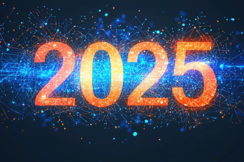 Bright Orange Numbers Represent the Year 2025 Amidst Vibrant Digital ...