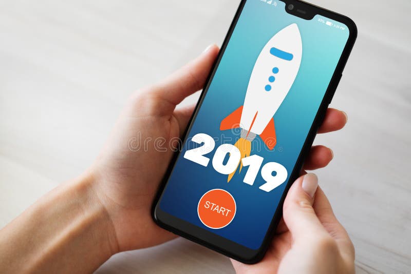 2019 Year Rocket Start Button on Mobile Phone Screen. Business Concept ...