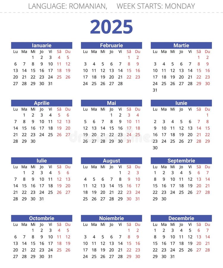2025 Year Romanian Calendar. Vector Illustration for Romania (and ...
