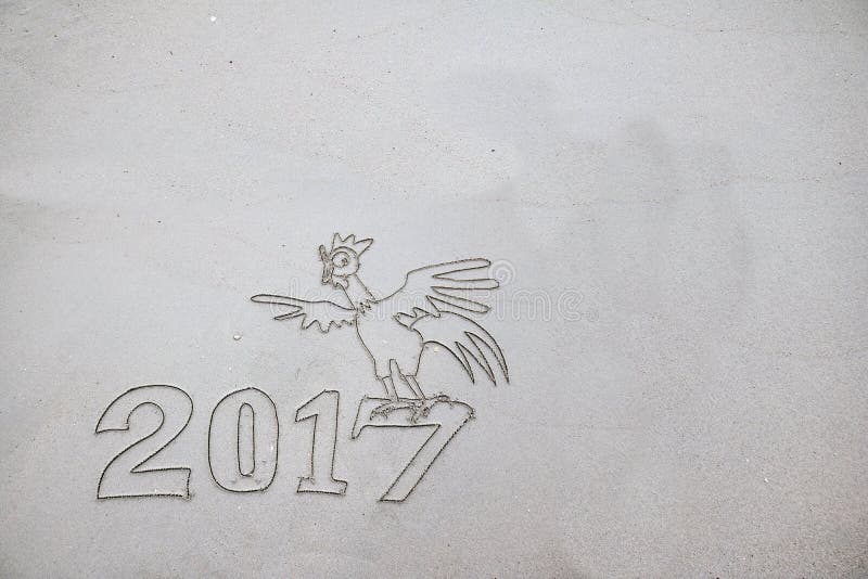 2017 Year of the Rooster , Writing on the Sand. Stock Illustration ...