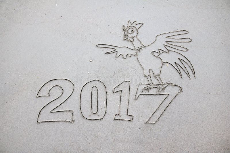 2017 Year of the Rooster , Writing on the Sand. Stock Illustration ...