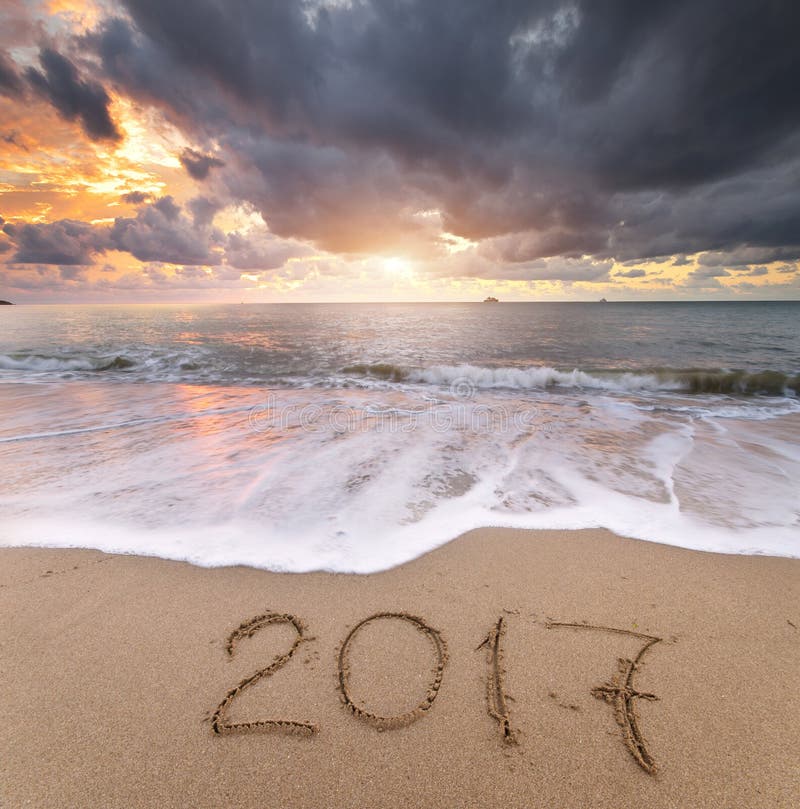 2017 Year on Sandy Beach with Sea Bubbles Stock Photo - Image of text ...