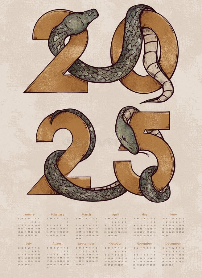 2025 Year of the Snake Calendar Stock Illustration - Illustration of ...