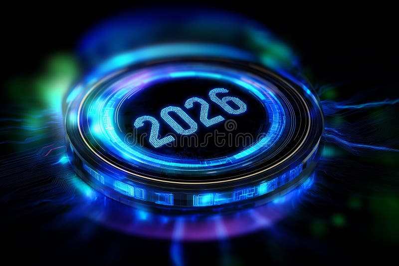 Year 2026 Tech: Luminous Digital Chip on Circuitry Stock Illustration ...