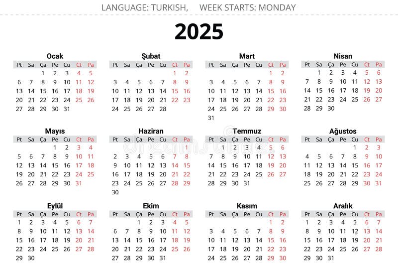 2025 Year Turkish Annual Calendar - Takvim. Printable Vector ...