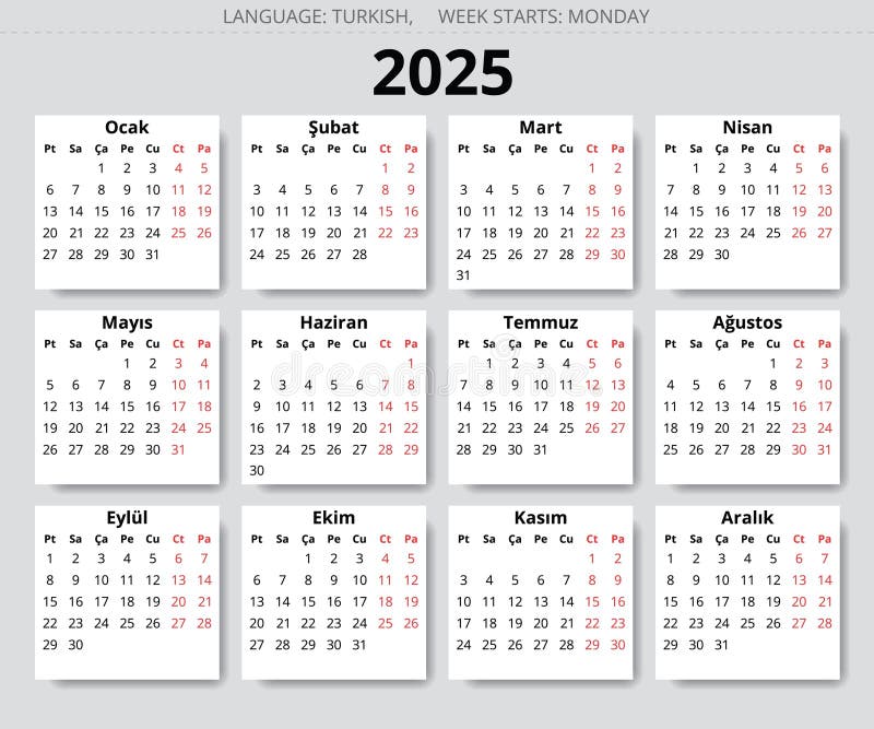 2025 Year Turkish Business Calendar (takvim). Vector Illustration ...