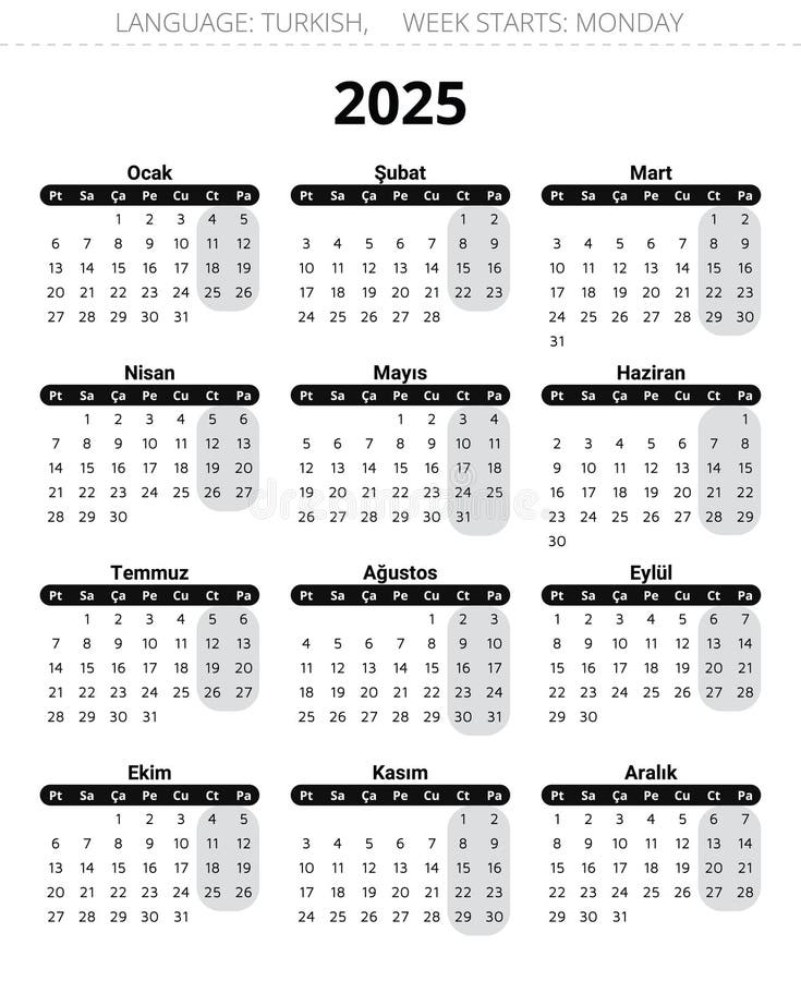 2025 Year Turkish Calendar. Printable Vector Illustration for Turkey ...