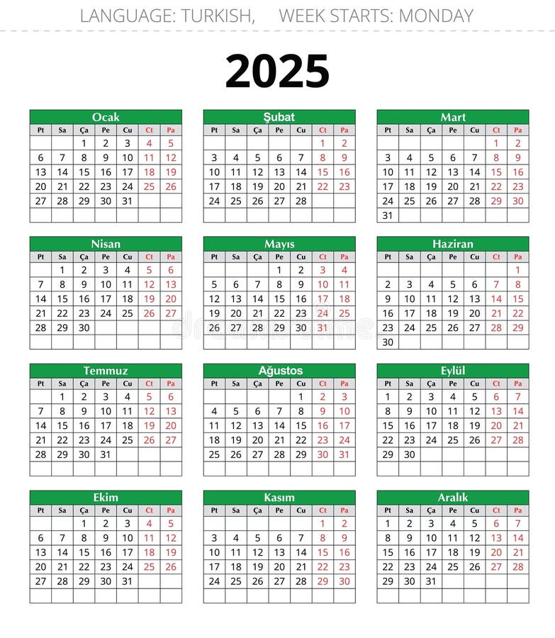 2025 Year Turkish Calendar. Printable Vector Illustration for Turkey ...