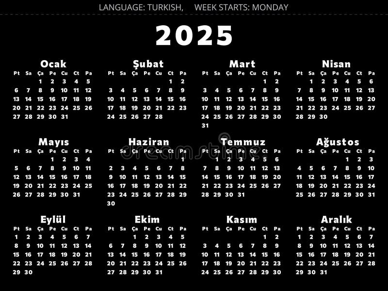 2025 Year Turkish Annual Calendar - Takvim. Printable Vector ...